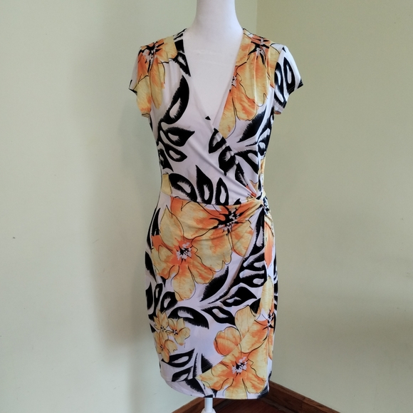 Caché | Dresses | Cach Yellow Floral Faux Wrap Vneck Midi Dress Size L ...